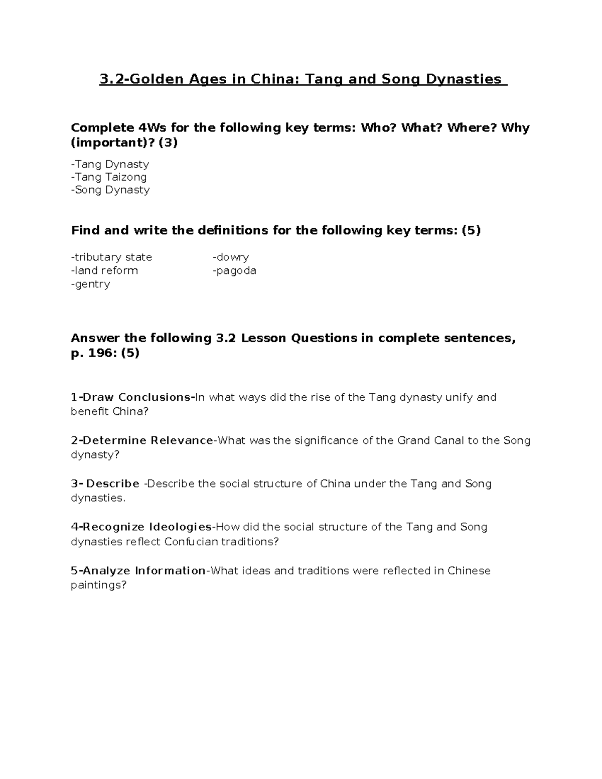 3 - Info: Tang and Song Dynasties Overview and Key Terms Analysis - Studocu