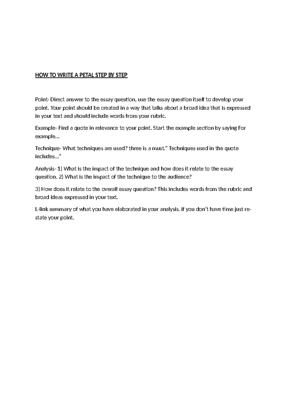 Petal Writing Guide for Year 10 - Essay Structure Explained - Studocu