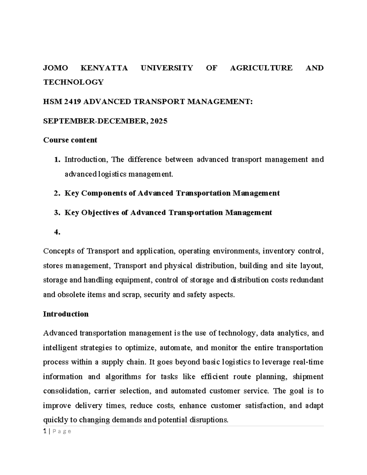 HSM 2419 Advanced Transport Management Course Overview and Key Concepts ...