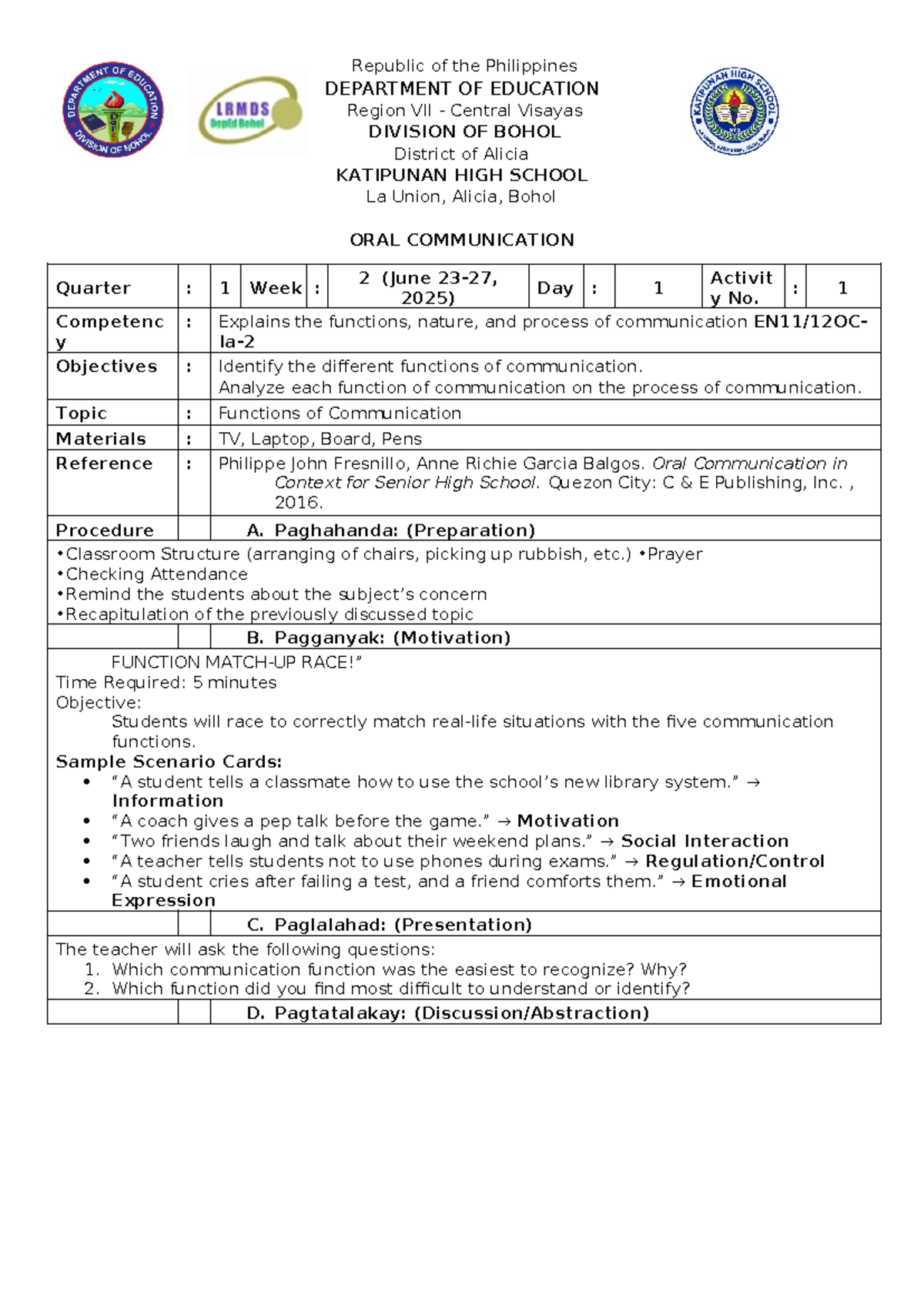 Oral Communication 2: Functions & Features of Communication (June 2025 ...