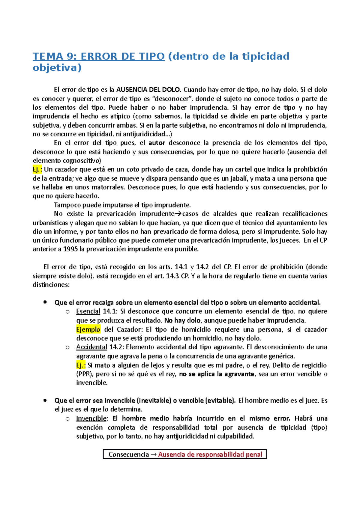 TEMA 9: Error de Tipo y Prohibición en el Derecho Penal - Studocu