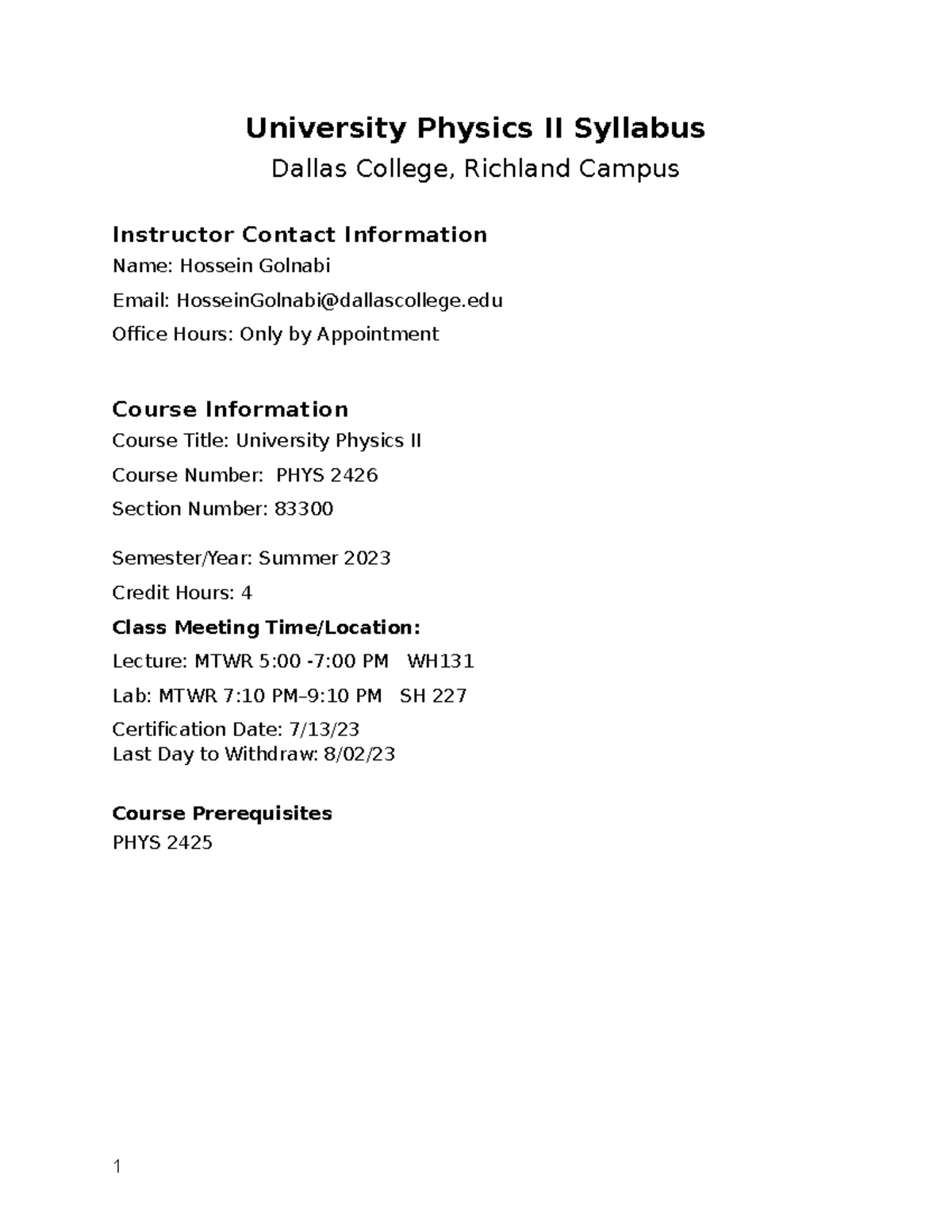 University Physics II Syllabus - PHYS 2426 Section 83300 (Summer 2023 ...
