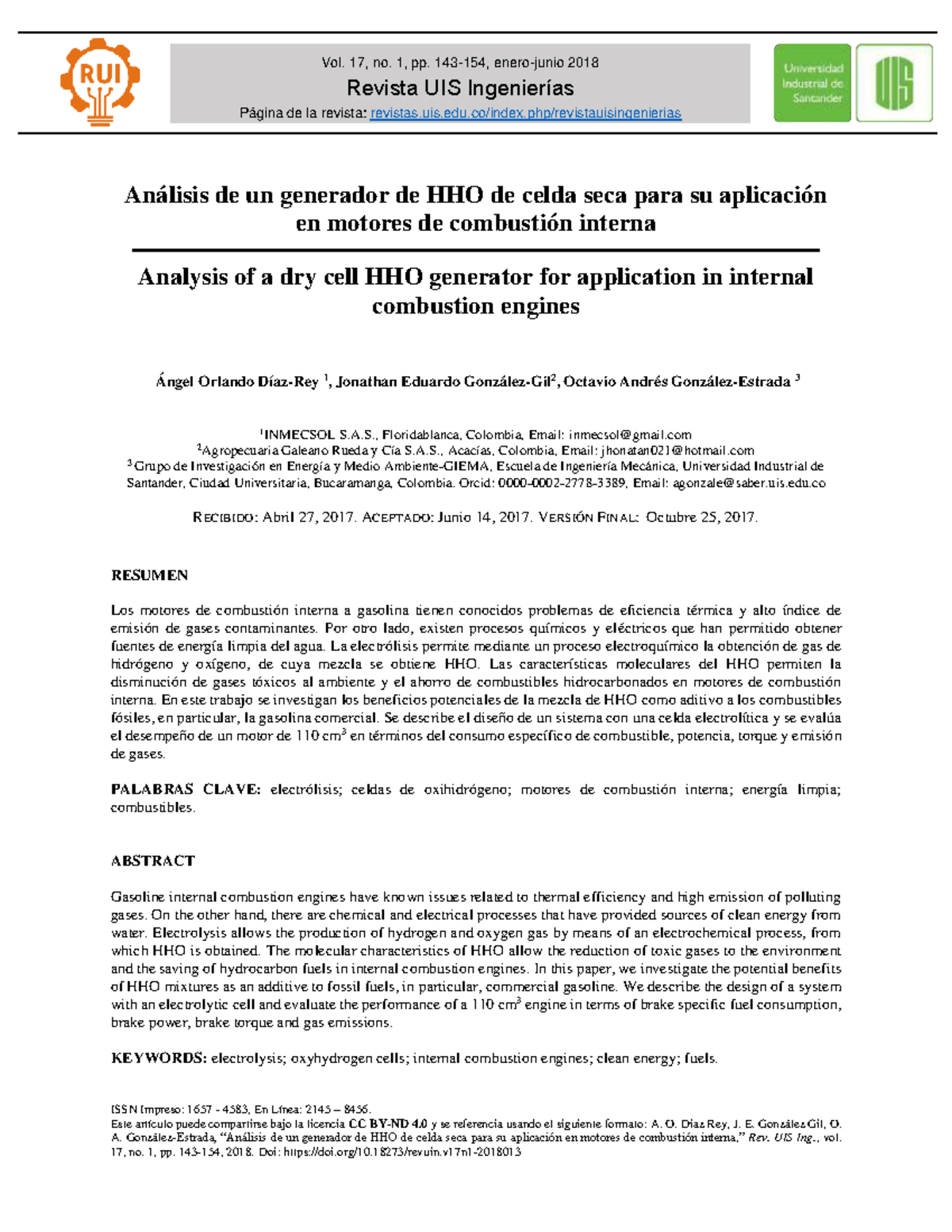 Análisis del Generador HHO de Celda Seca en Motores de Combustión ...