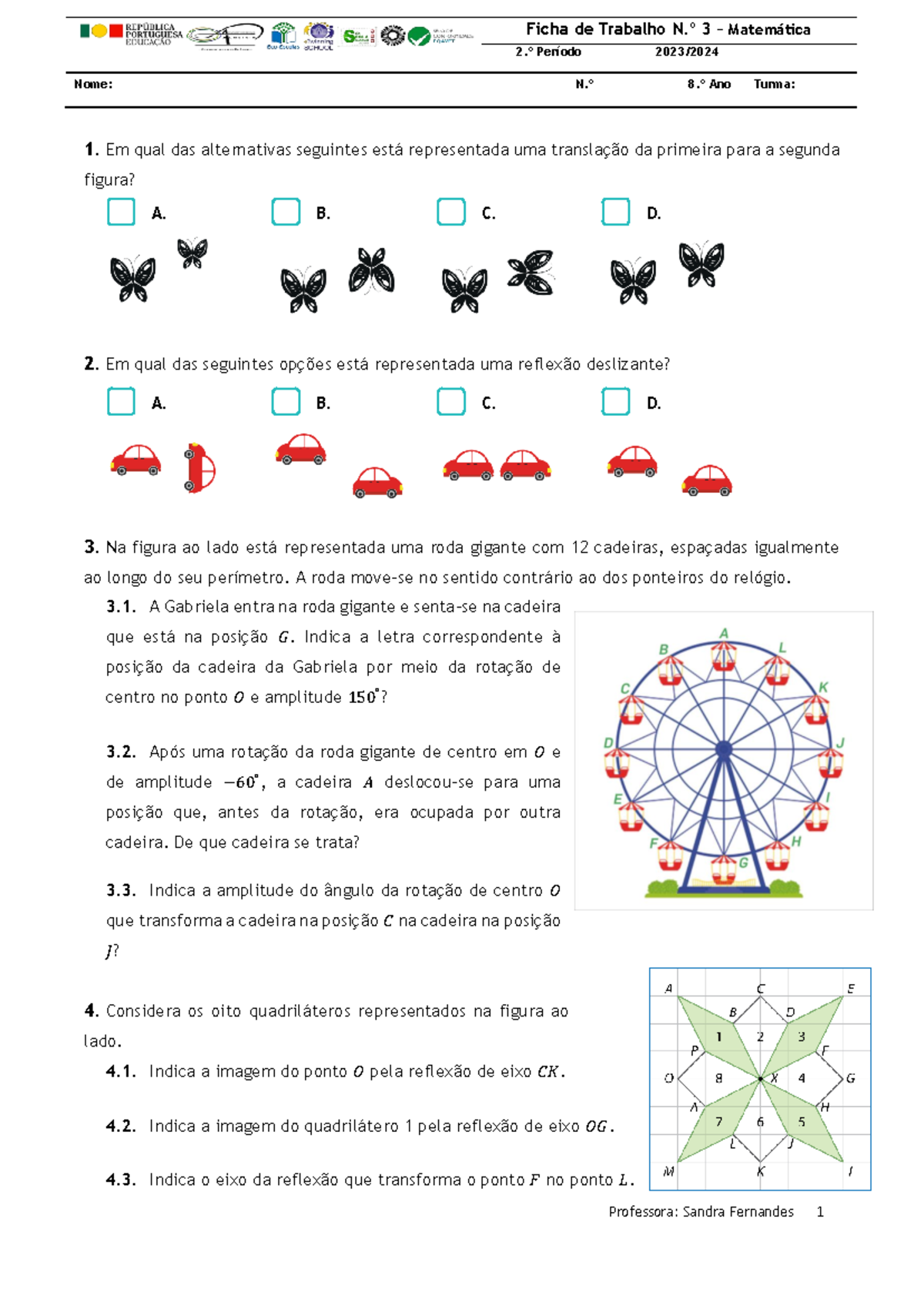 Ficha de Trabalho N.º 3 - Isometrias e Simetrias - Matemática 8º Ano ...