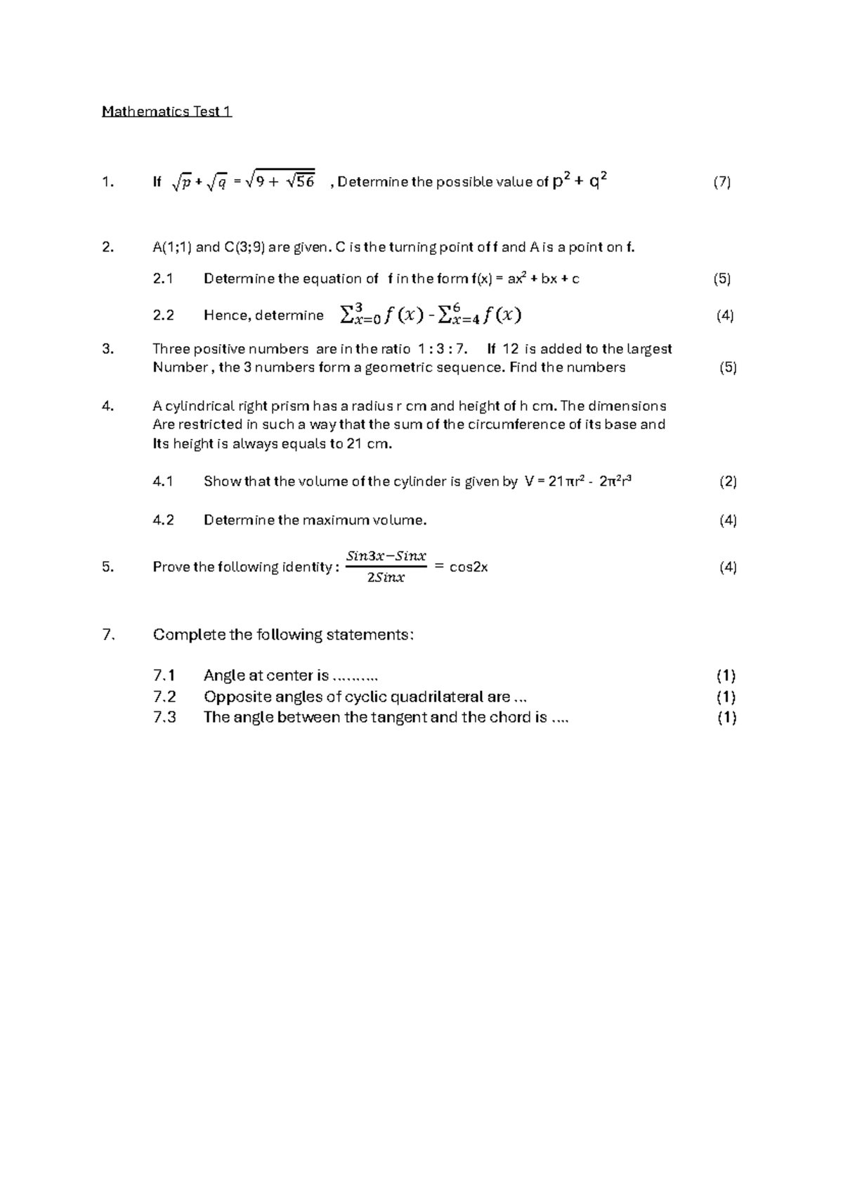 Mathematics Test 1 - You must pass thr exams - Mathematics Test 1 1. If ...
