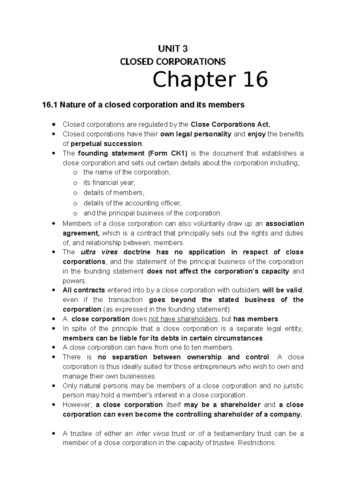 CLOSED CORPORATIONS Overview - BEL UNIT 3 Summary - Studocu