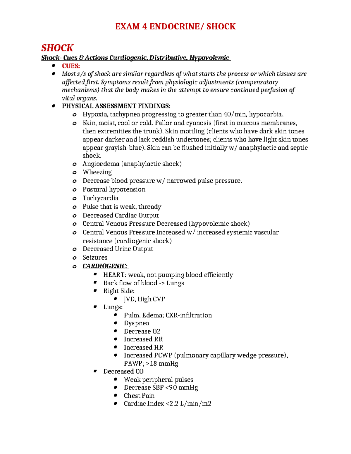 EXAM 4: Endocrine & Shock Management - Cues, Actions, and Nursing ...