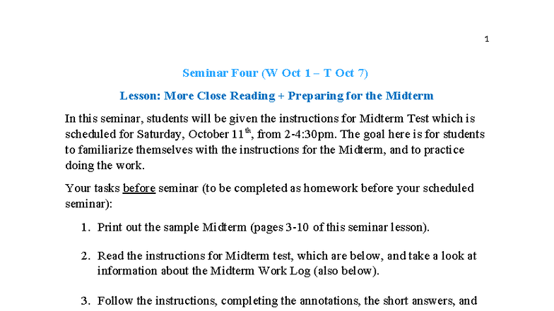 Seminar 1 (W Oct 1 T Oct 7) Lesson: Close Reading Prep for Midterm ...