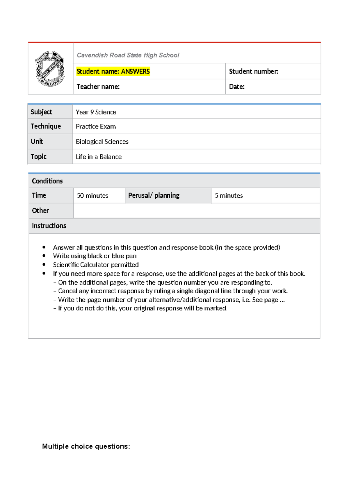 Year 9 Science - Biological Sciences Practice Exam (ffbfbl) - Studocu