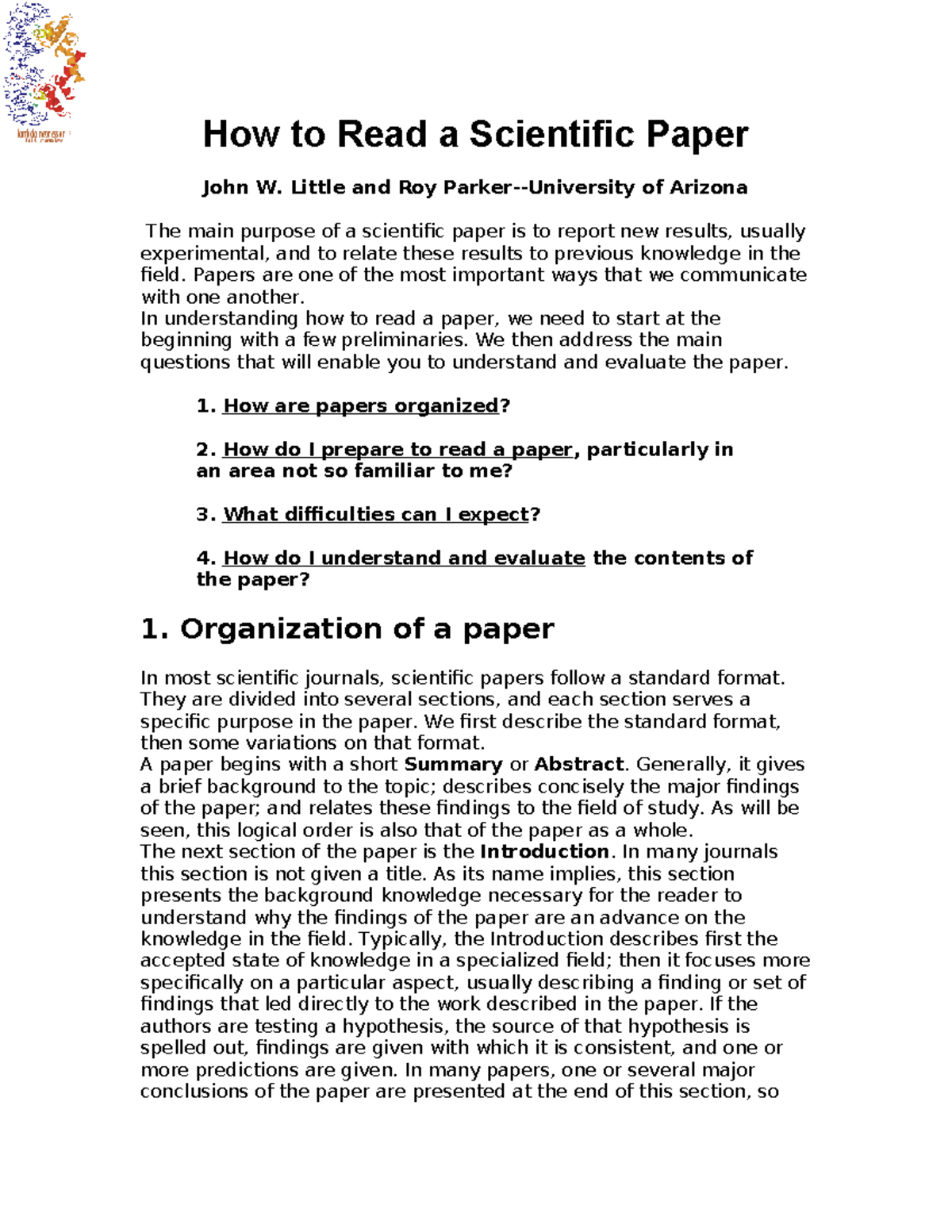 How to Read a Scientific Paper - Little and Roy Parker-University of ...