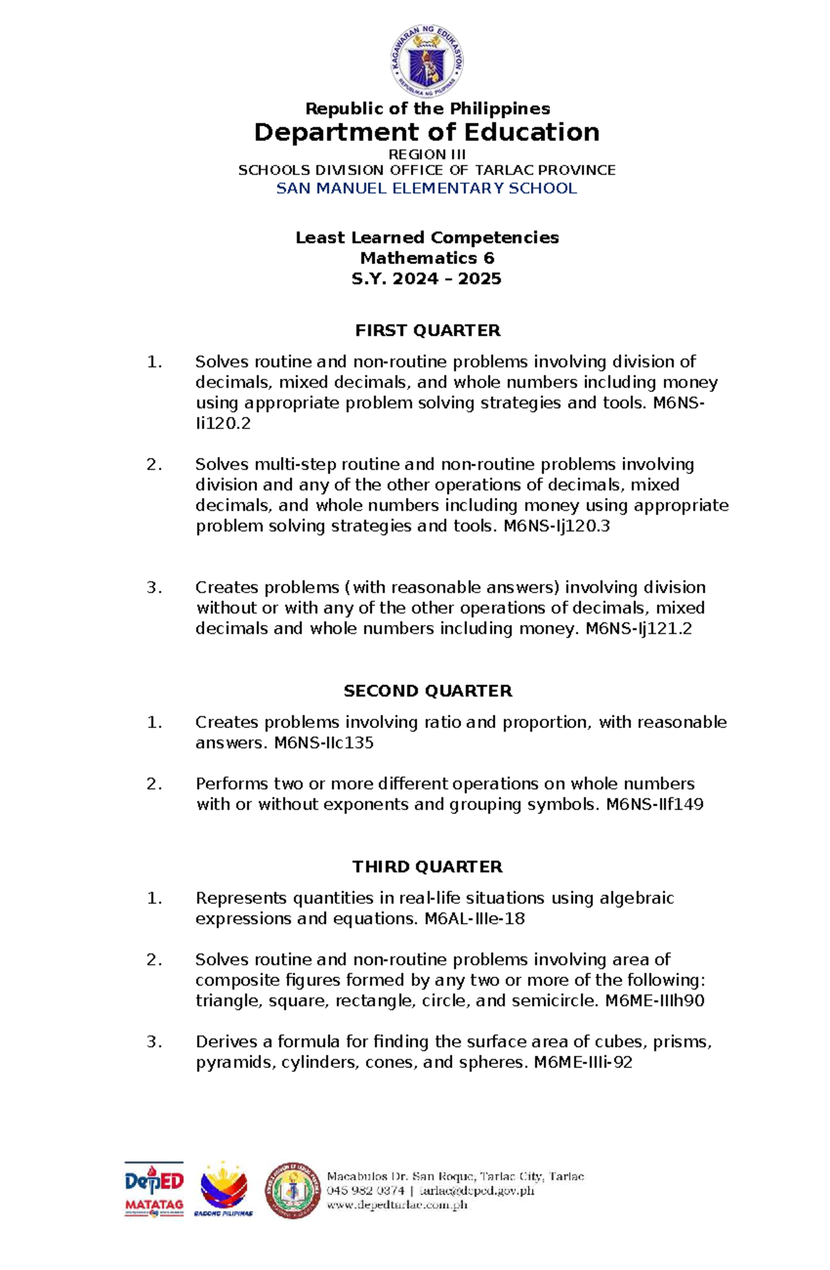Least Learned Competencies in Mathematics & Science 6 S.Y. 2024-2025 ...