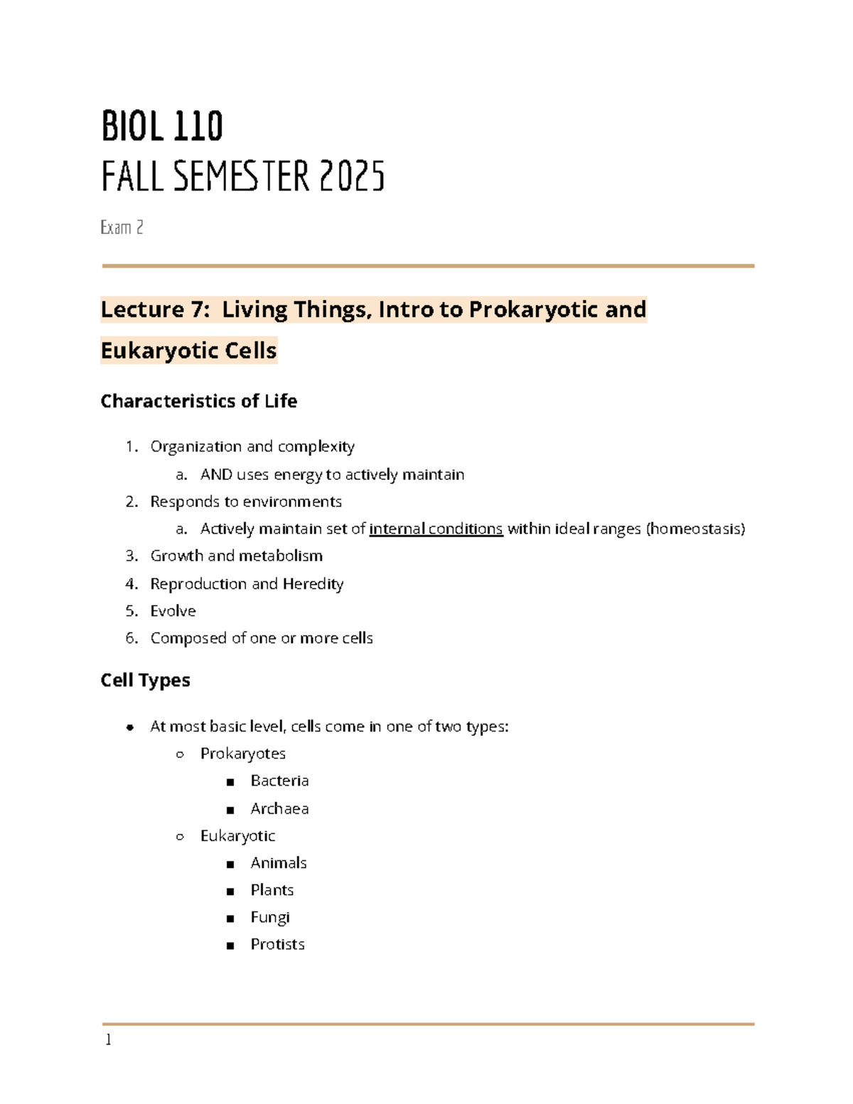 BIOL 110 Exam 2 Notes: Living Things & Cell Types Overview - Fall 2025 ...