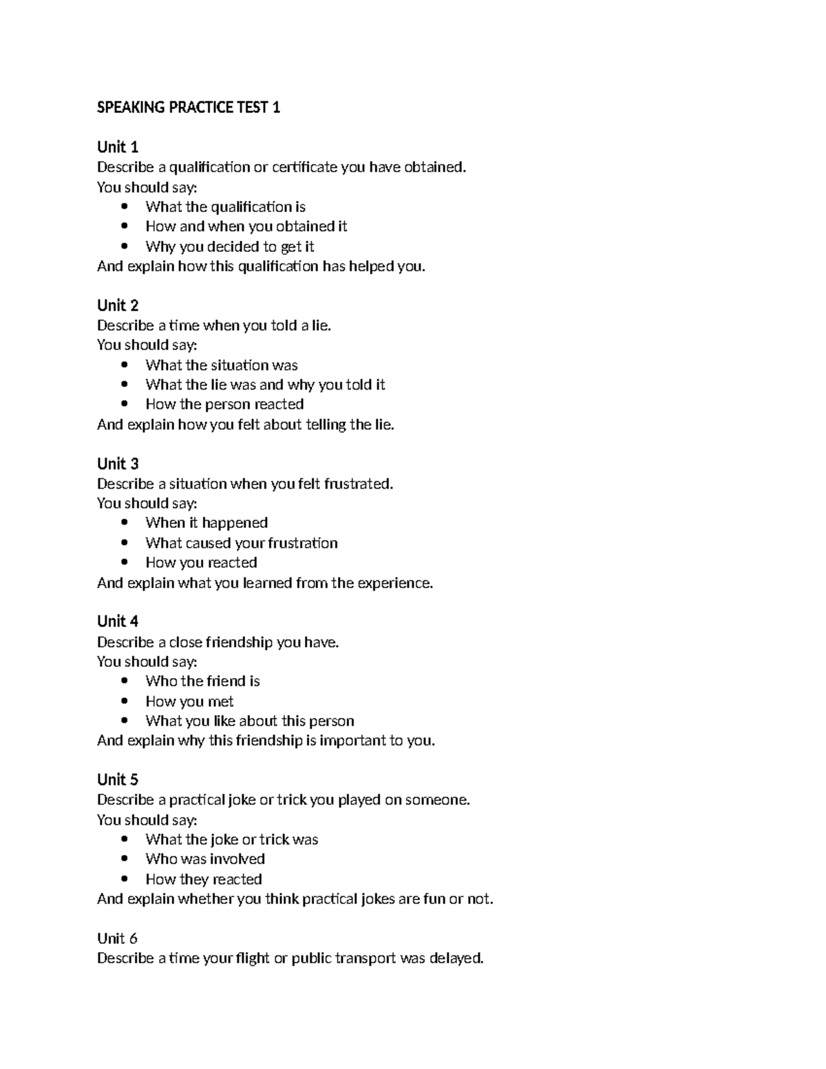 SPEAKING PRACTICE TEST 1: Describing Experiences and Situations - Studocu