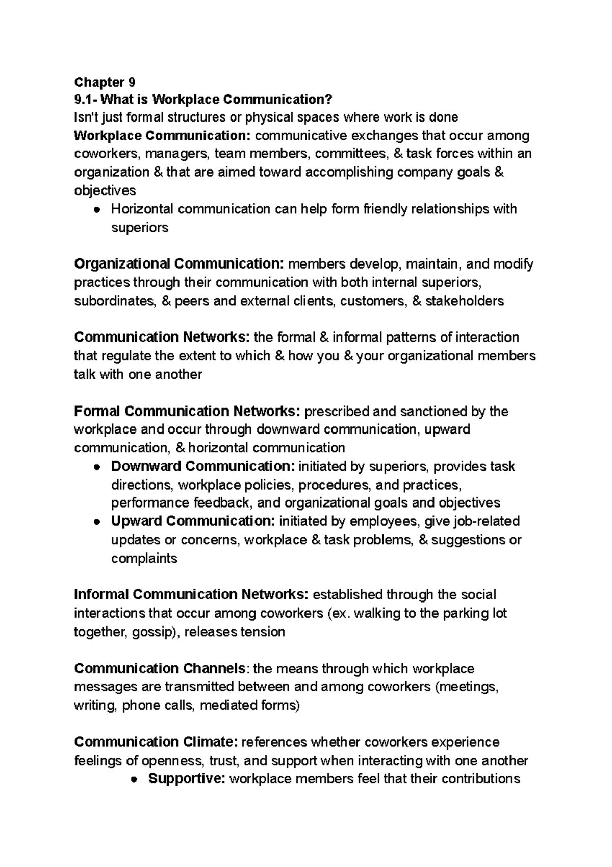 Chapter 9 Communication & Workplace Culture Notes: Key Concepts and ...