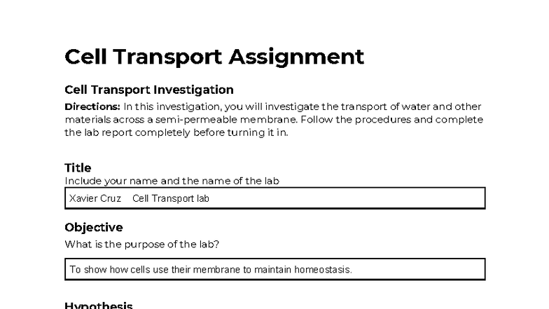 Cell Transport Lab Report (BIO 101): Investigating Membrane Dynamics ...