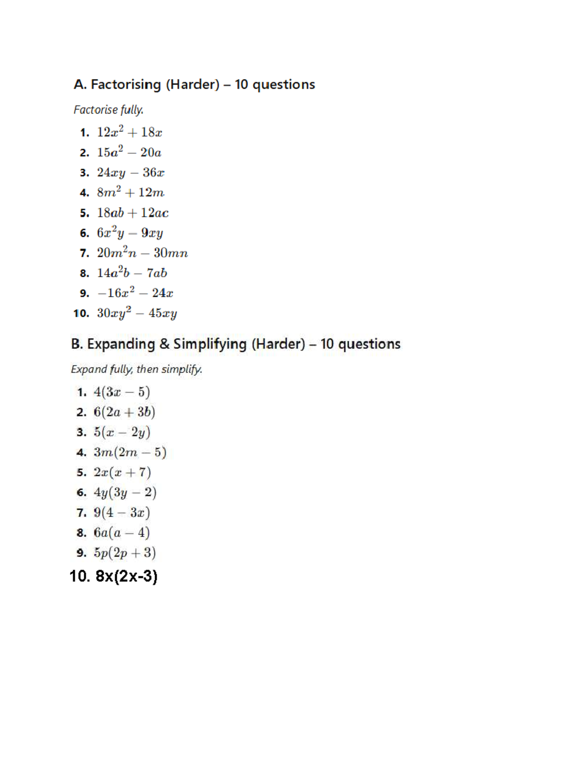 Algebra Basics: Factorising & Expanding Practice for Midterm - Studocu