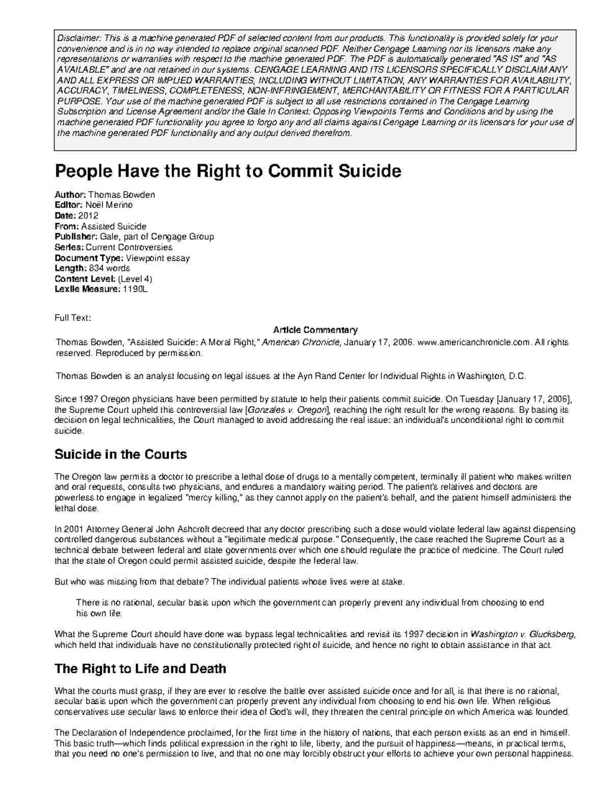 CENGAGE LEARNING: Viewpoint Essay on Assisted Suicide Rights - Studocu
