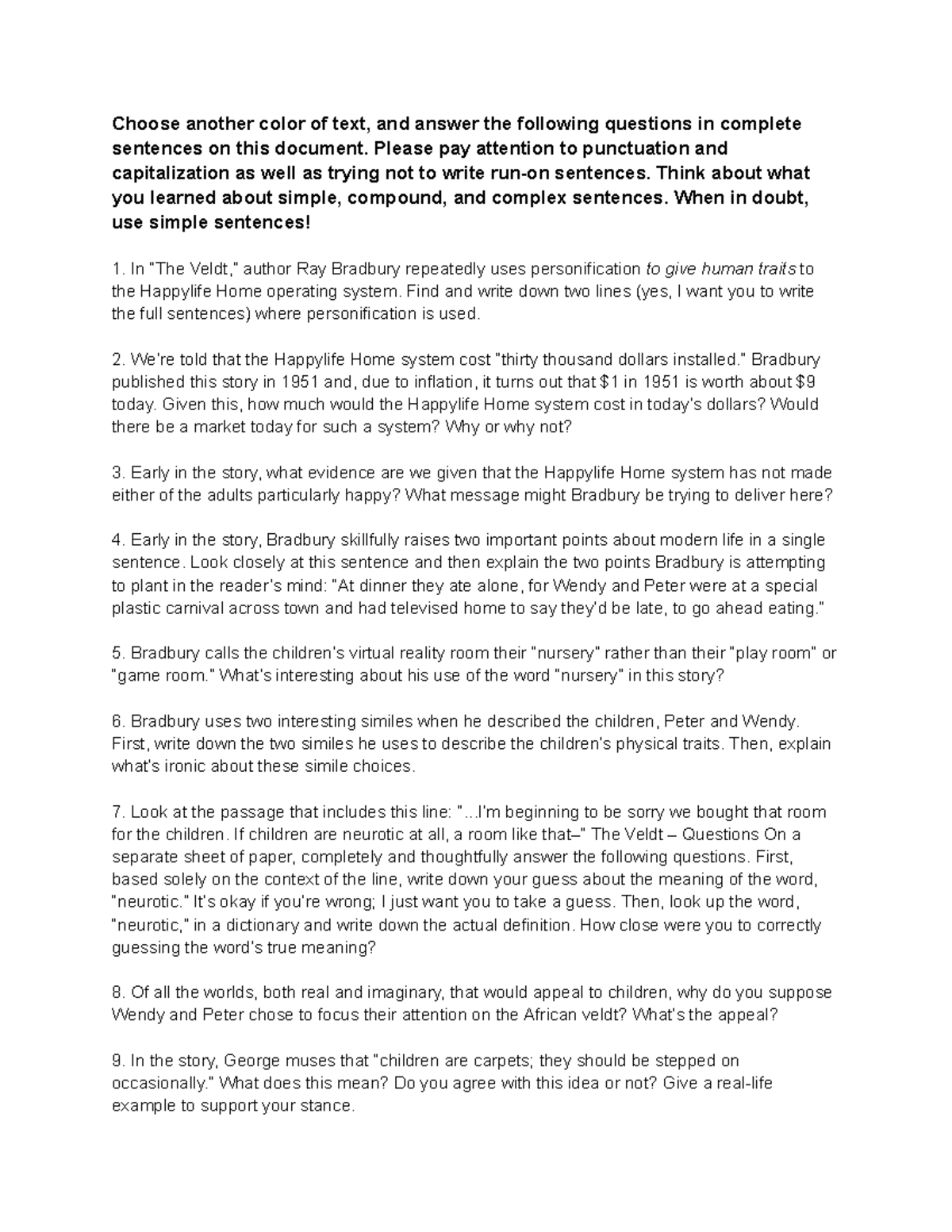 Brendan Wallace - "The Veldt" Short Story Analysis Questions - Studocu