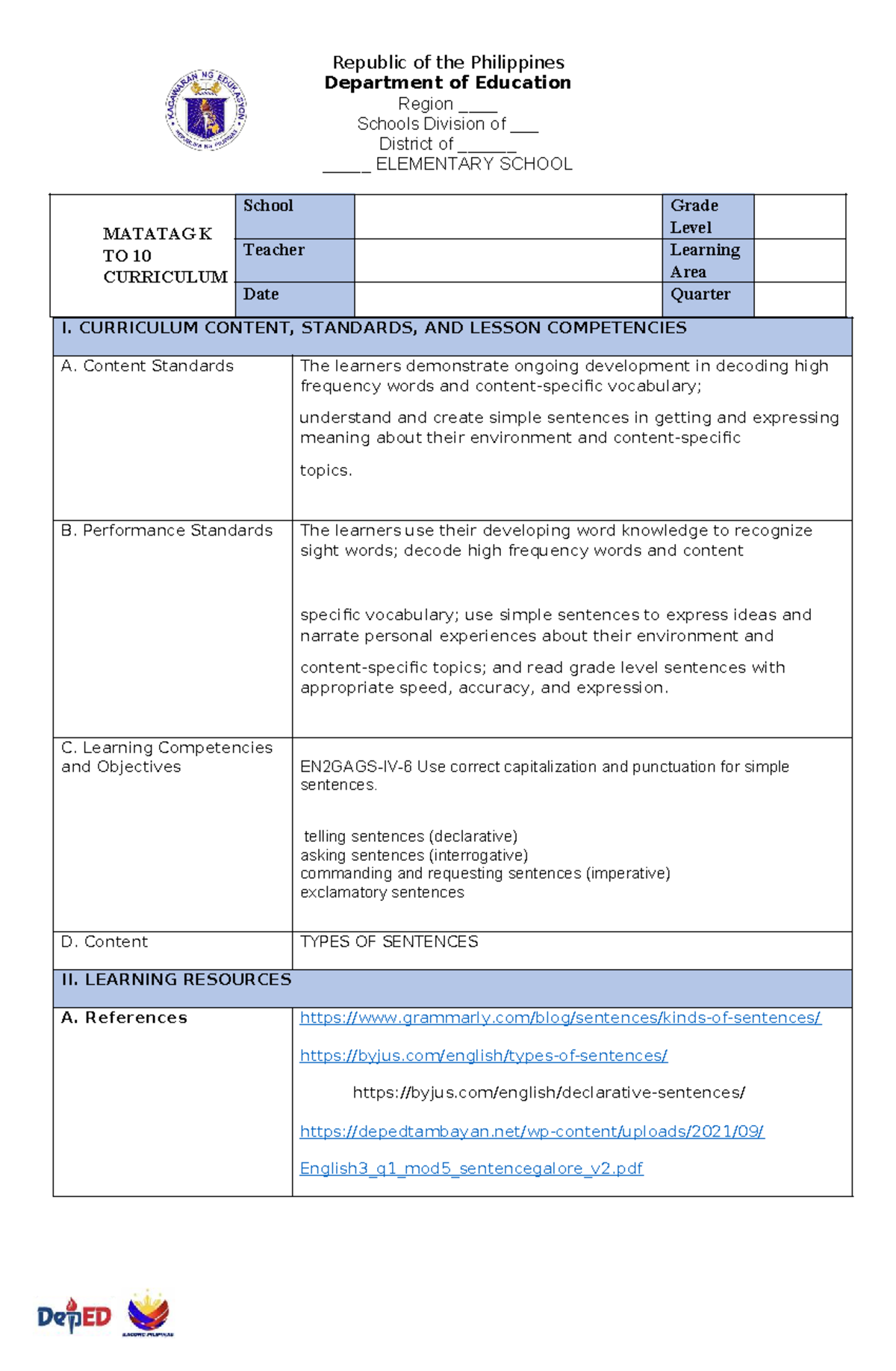 DEMO Lesson Plan: Types of Sentences for Grade 3 (ENG3) - Studocu