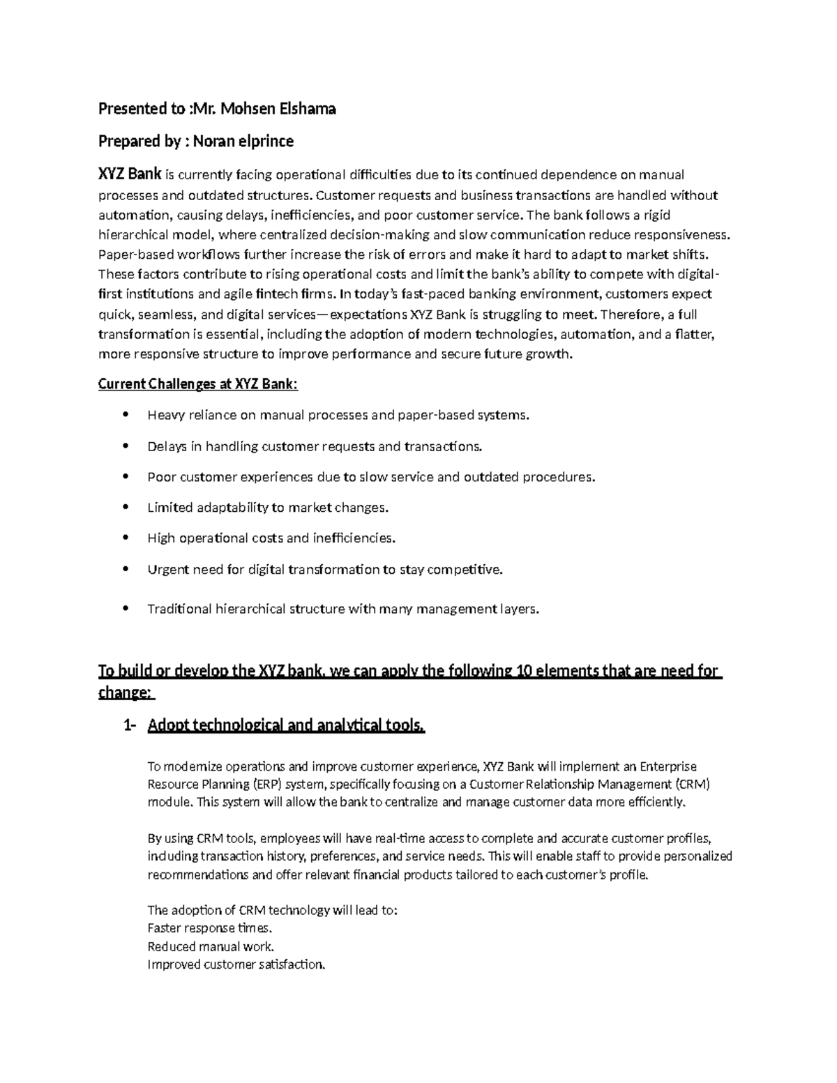 Assignment 1: Applying 10 Elements for Digital Transformation at XYZ ...