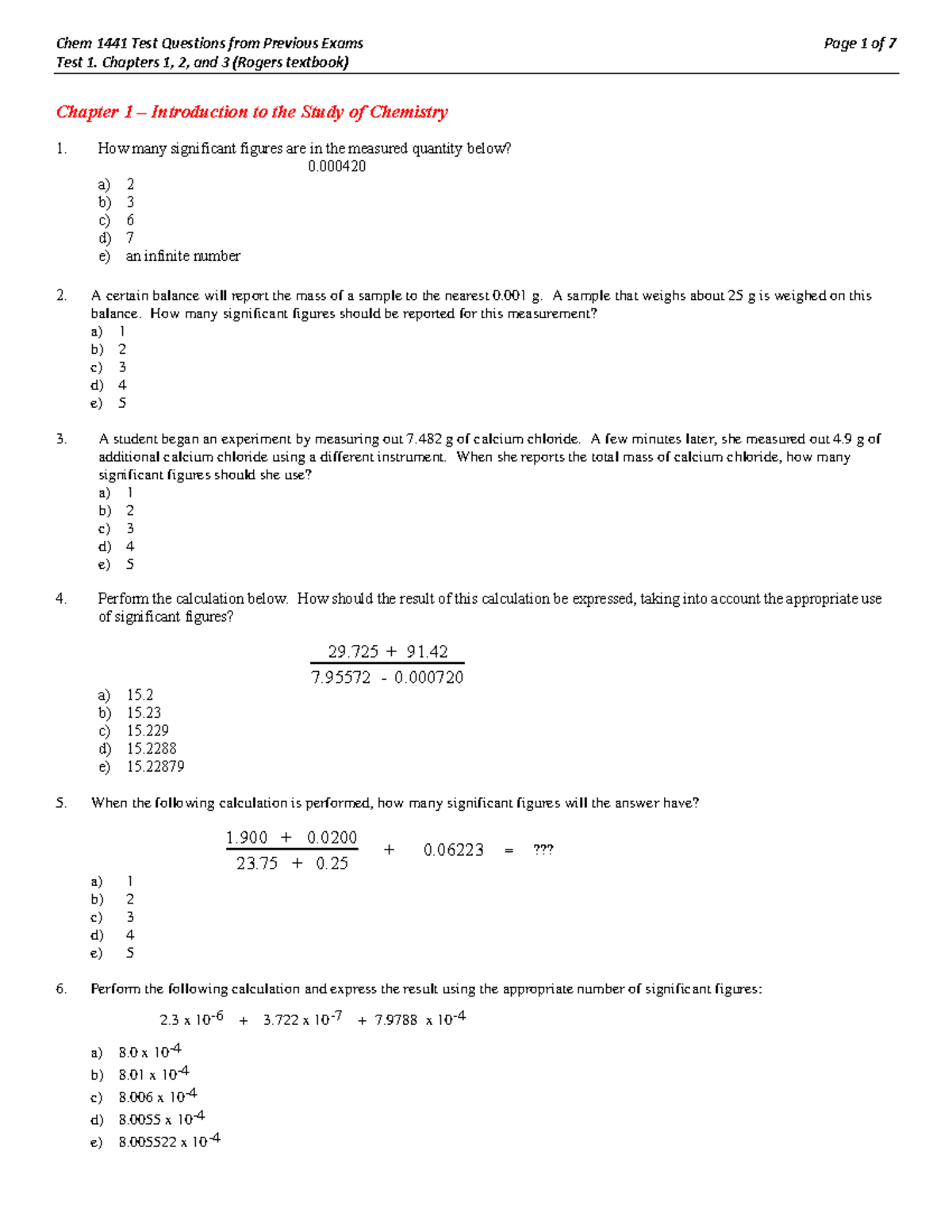 SECC - Exam 1 Review - Chemistry Chapters 1, 2, and 3 - Studocu
