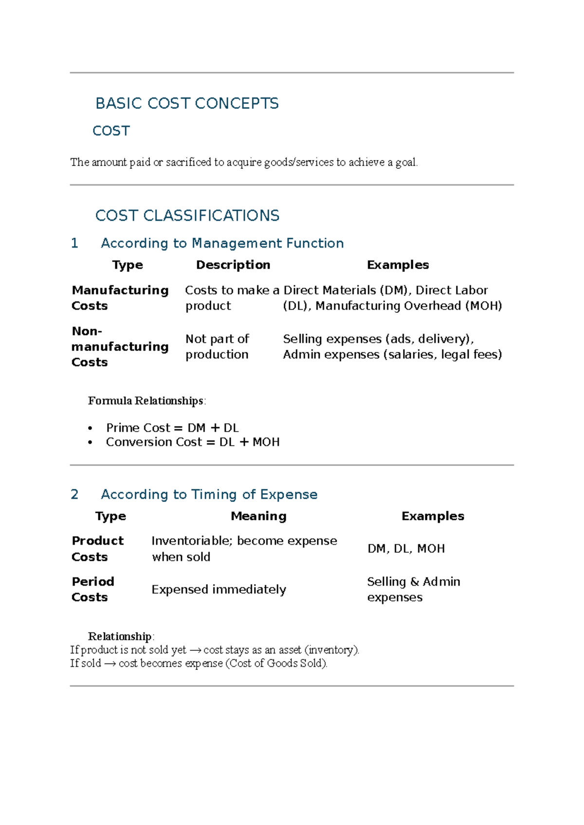 BASIC COST CONCEPTS: Understanding Cost Classifications and Relationships - Studocu
