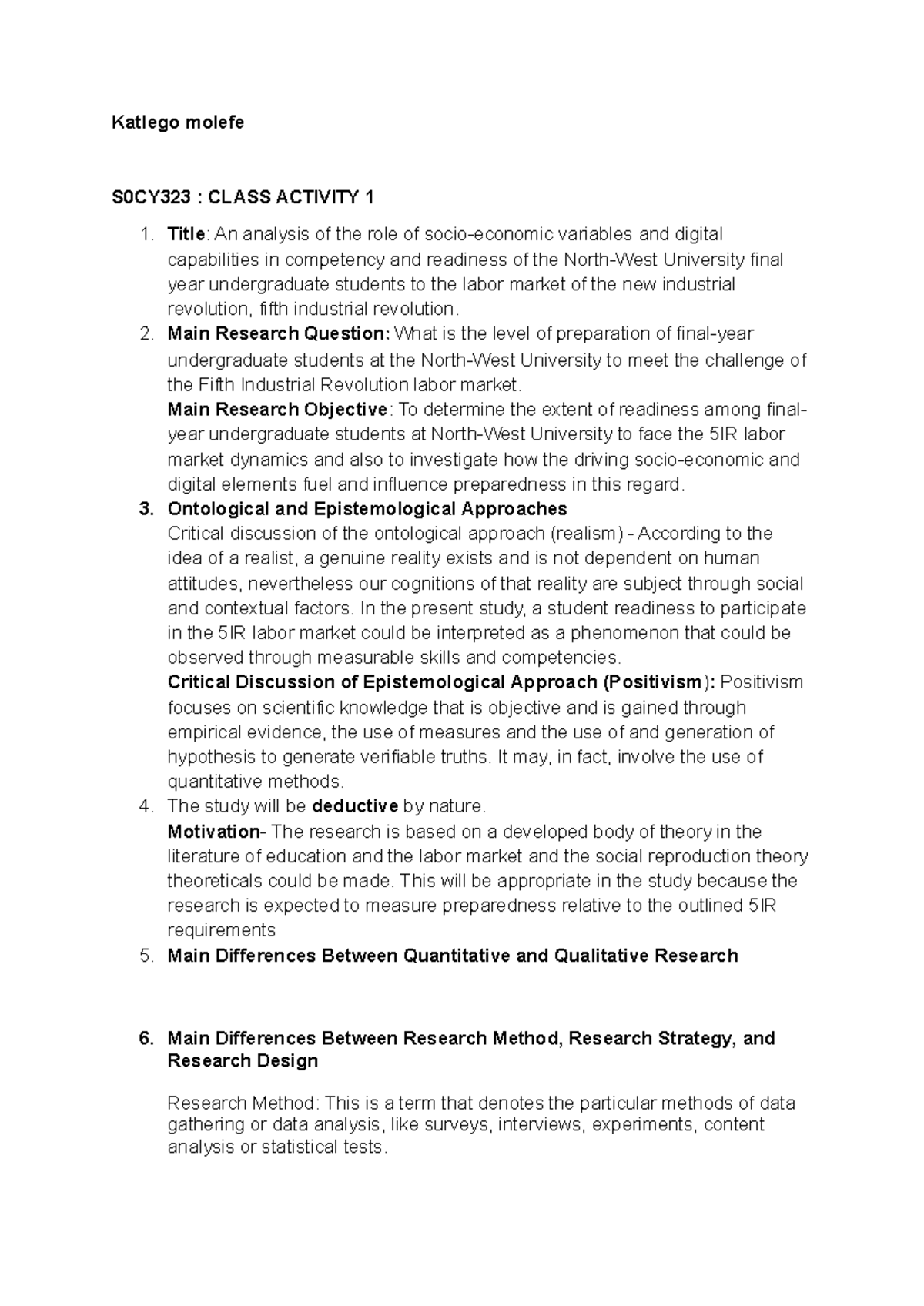 S0CY323: Class Activity 1 - Analyzing Student Readiness for 5IR - Studocu
