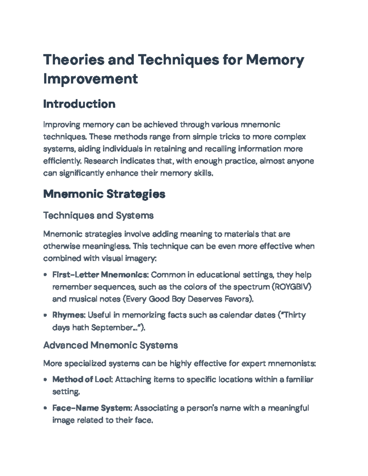 Memory Improvement Techniques and Mnemonic Strategies - Theories and Techniques for Memory - Studocu