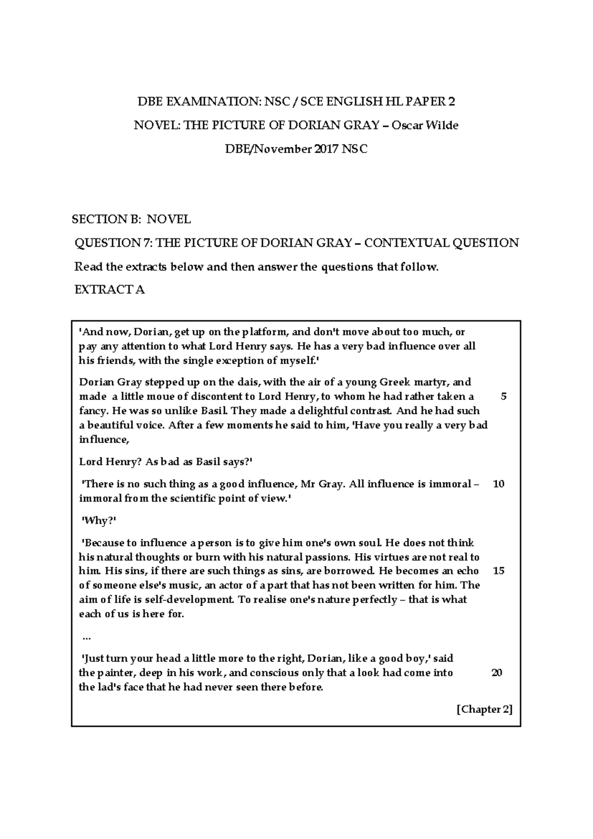 DBE EXAM: NSC SCE ENGLISH HL PAPER 2 - CONTEXTUAL Qs on "The Picture of ...