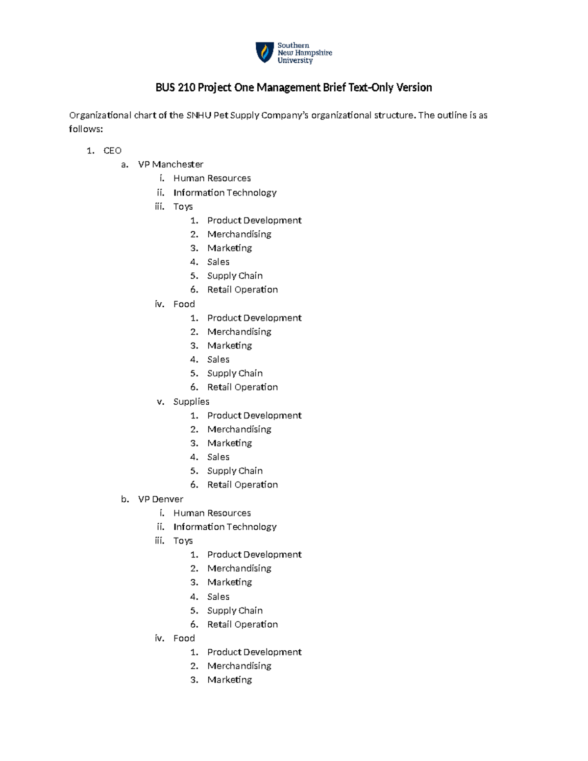 BUS 210 Project One: SNHU Pet Supply Org Chart Overview - Studocu