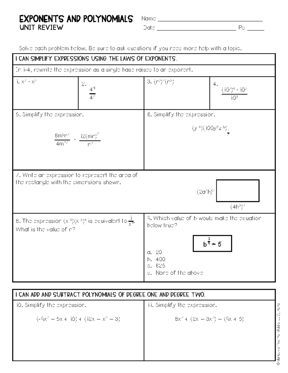 Test 3-1 Exponents and Polynomials Unit Review Guide - Studocu