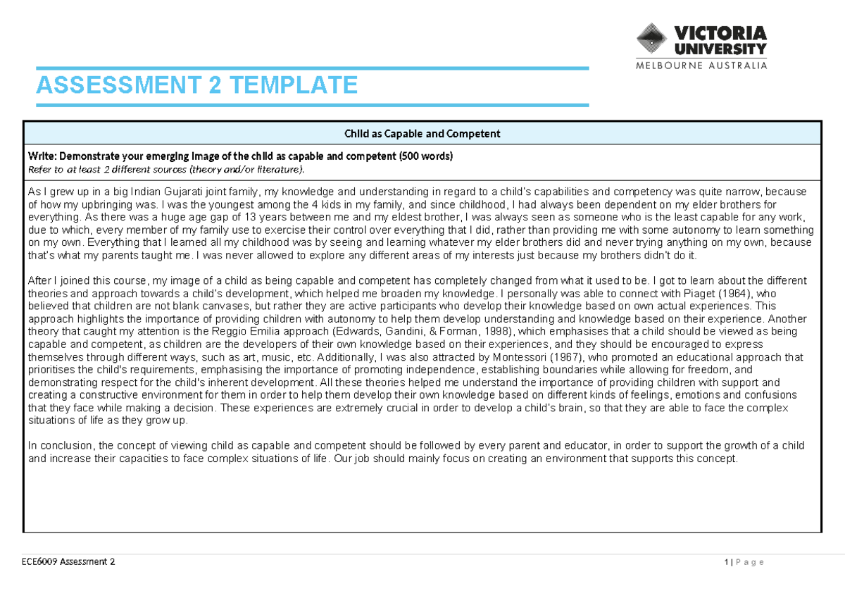 ECE6009 Assessment 2 - Child's Capabilities & Competence Reflection ...