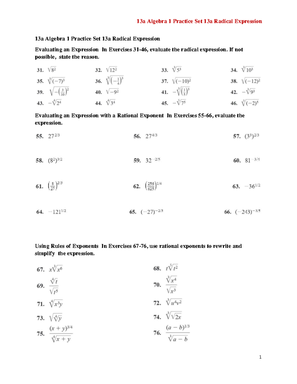 13a Algebra 1 Radical Expression Set 13a - MAT 090 - 13a Algebra 1 ...