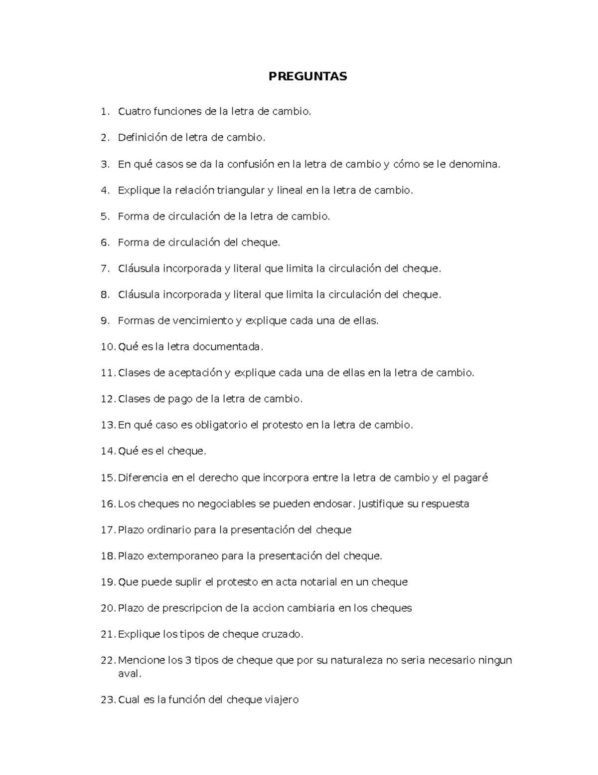 Preguntas sobre la Letra de Cambio y Cheques - Estudio Detallado - Studocu