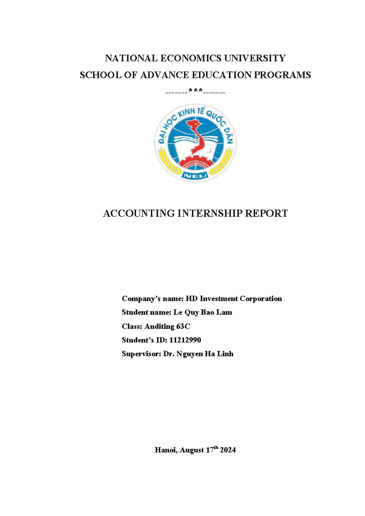 Accounting Internship Report: HD Investment Corp - Auditing 63C - Studocu