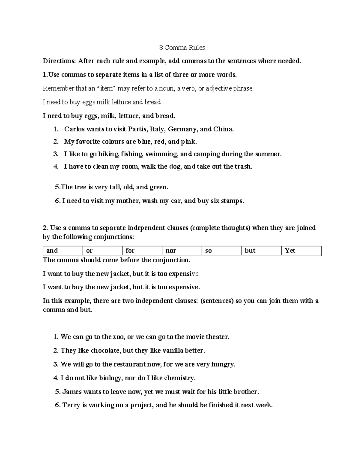 8 Comma Rules - Sentence structure - 8 Comma Rules Directions: After ...