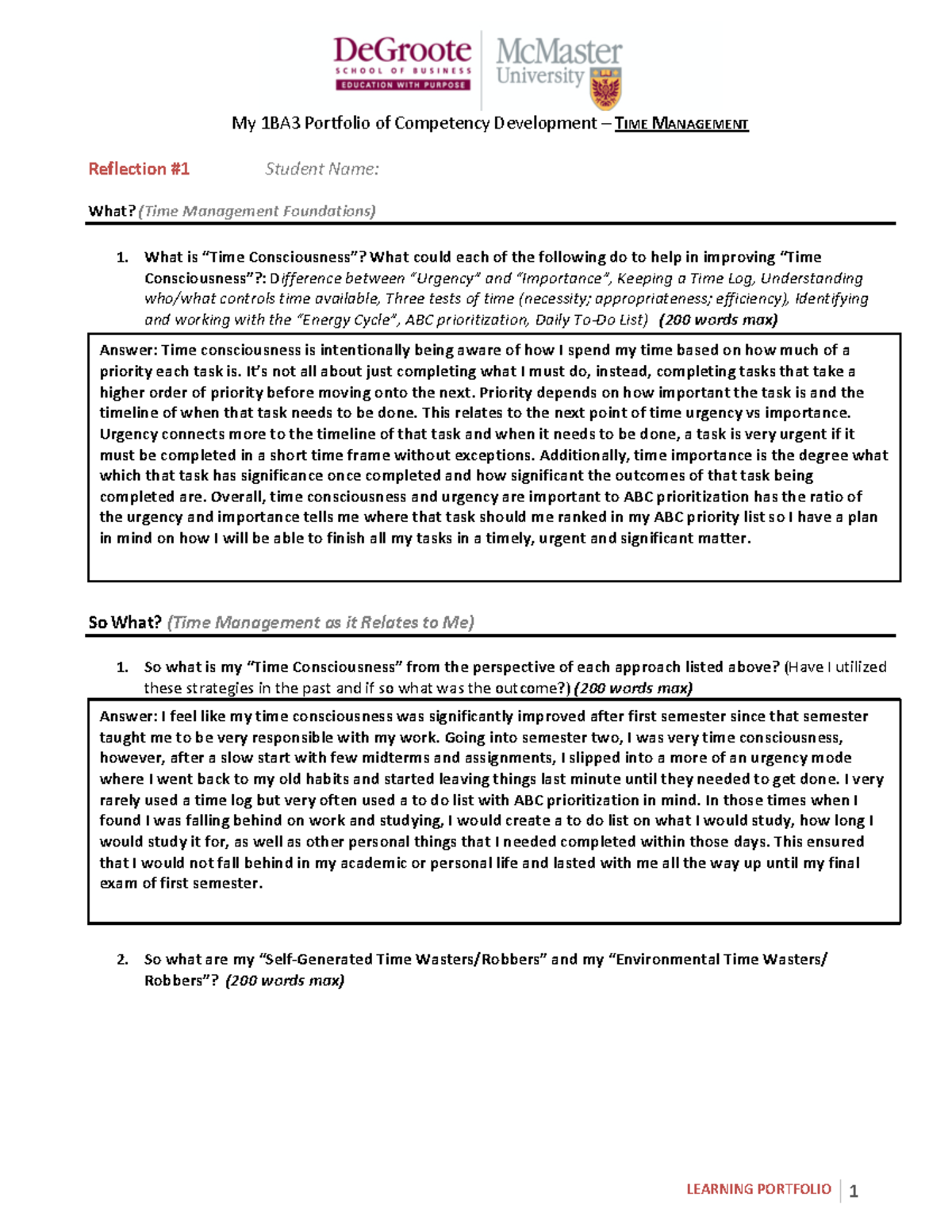 1BA3 Time Management Reflection: Competency Development Portfolio - Studocu