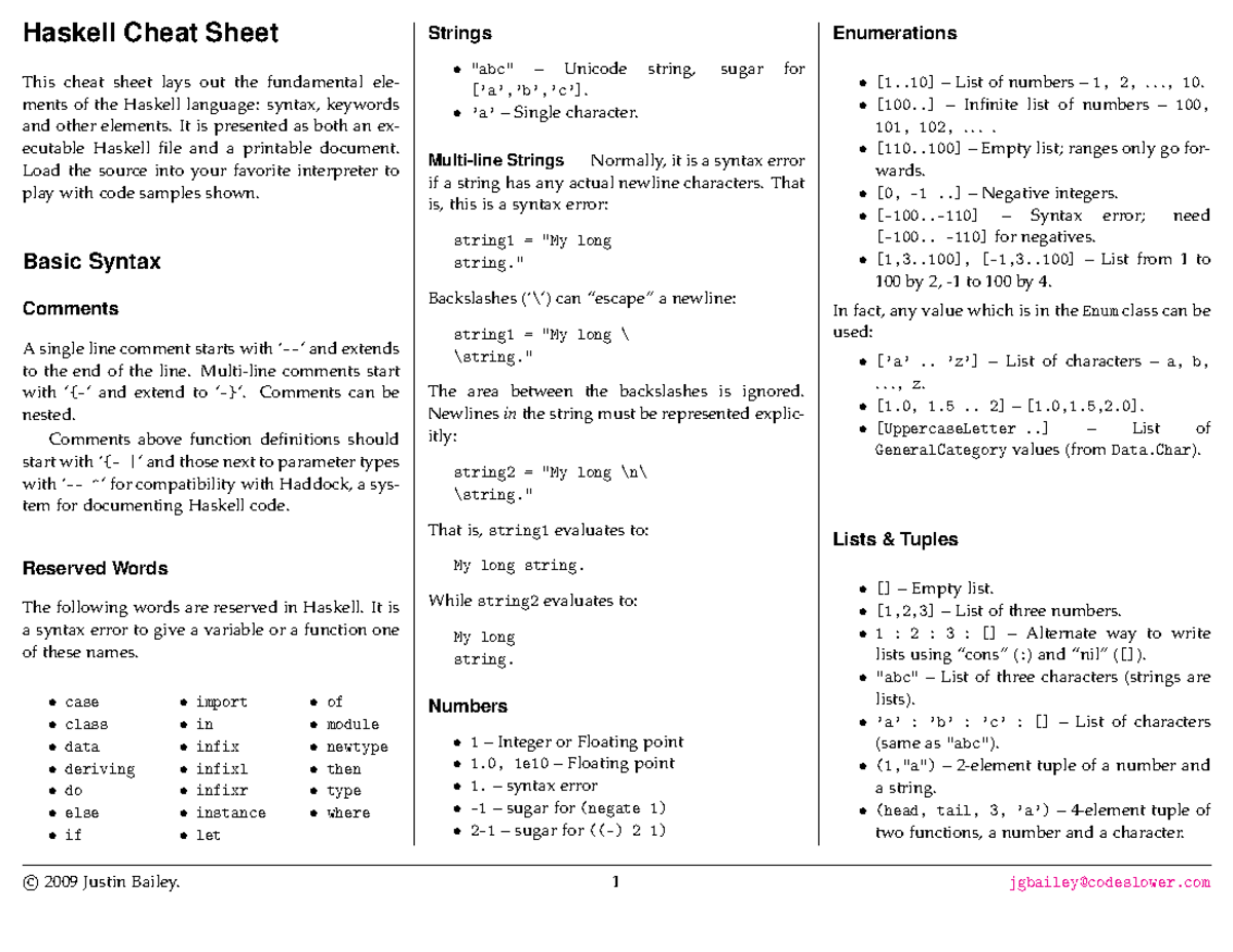 Haskell Language Cheat Sheet: Syntax, Keywords, and Functions - Haskell Cheat Sheet This cheat ...