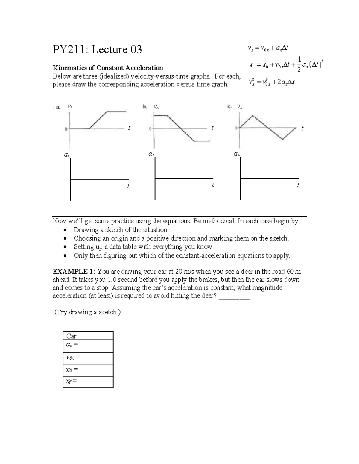 PY211: Lecture 03 - Kinematics of Constant Acceleration Problems and ...