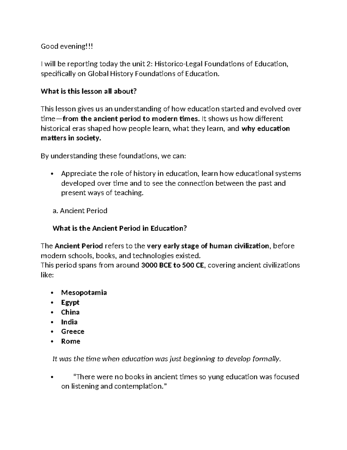 Unit 2: Foundations of Education - Global History Overview - Studocu