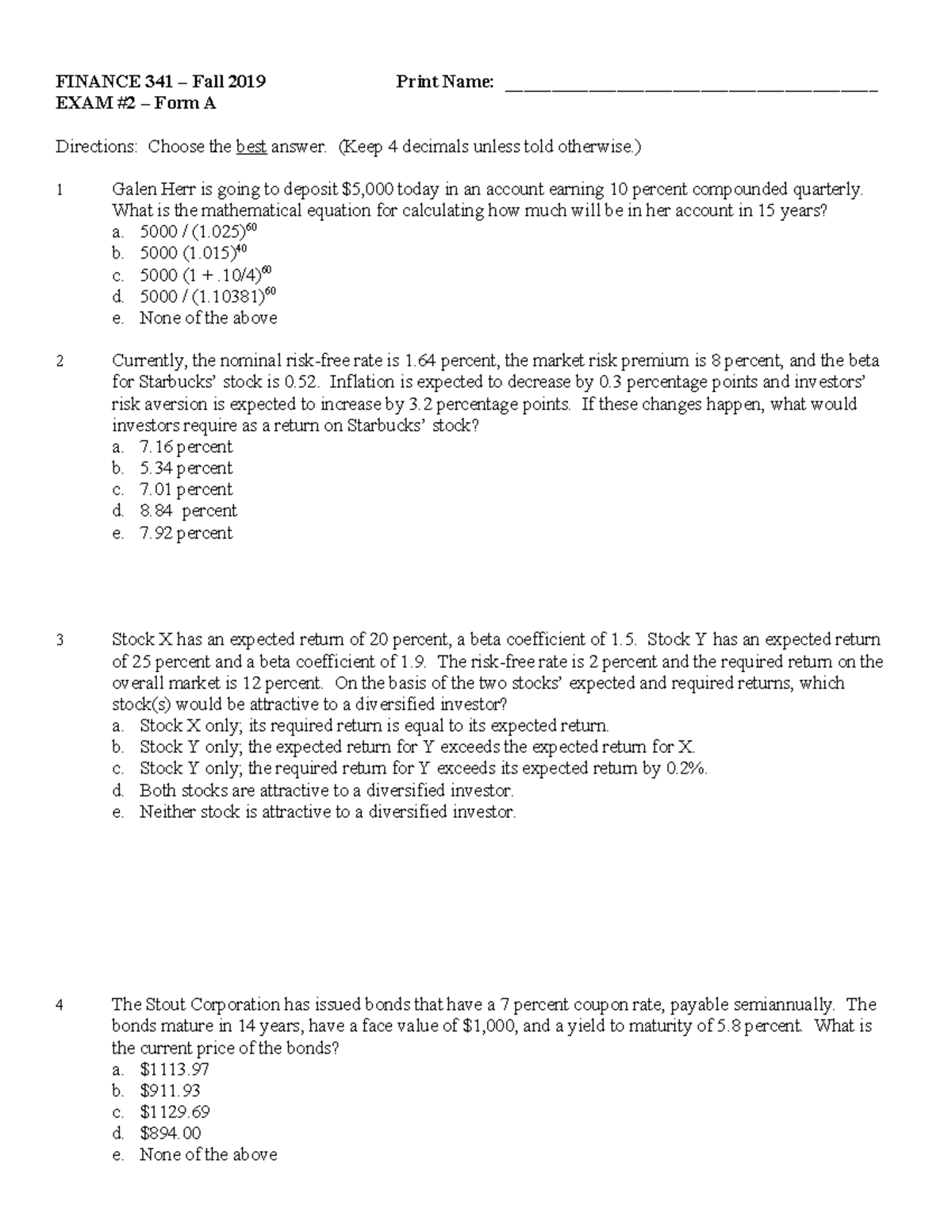 FINANCE 341 Fall 2019 Final Exam Form A Review Guide - Studocu