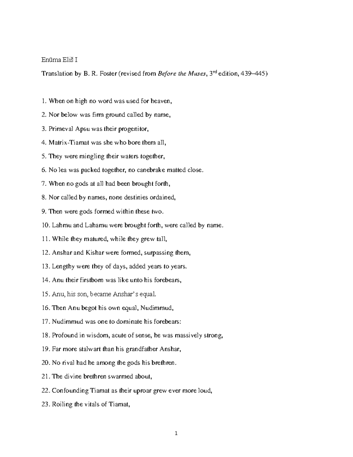 Enuma Elish: Translation by B. R. Foster (Revised) - Studocu