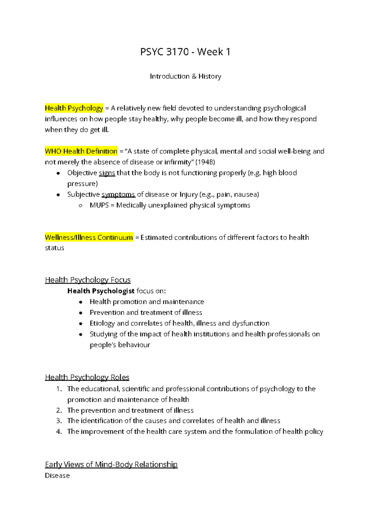 PSYC 3170 - Week 1 Lecture Notes: Intro to Health Psychology Concepts ...