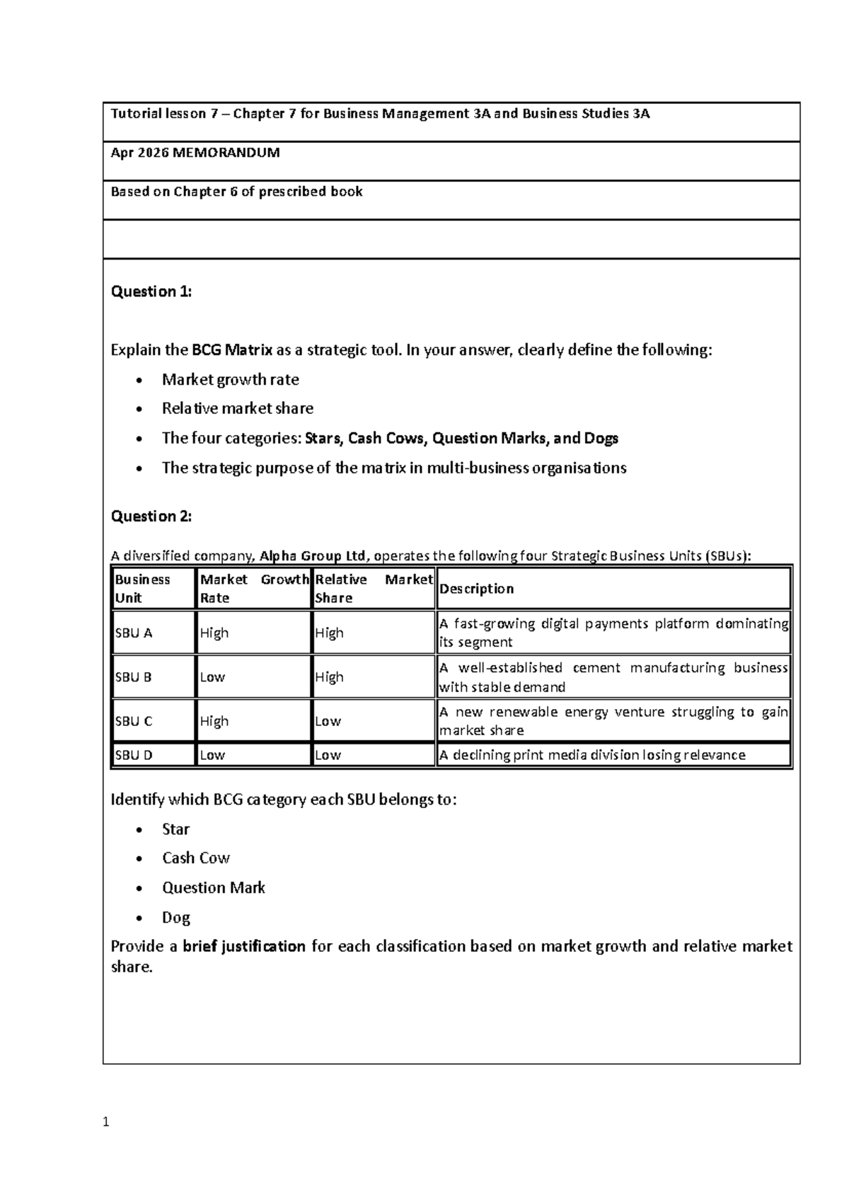 Tutorial Lesson 7: BCG Matrix Analysis for Business Management 3A - Studocu