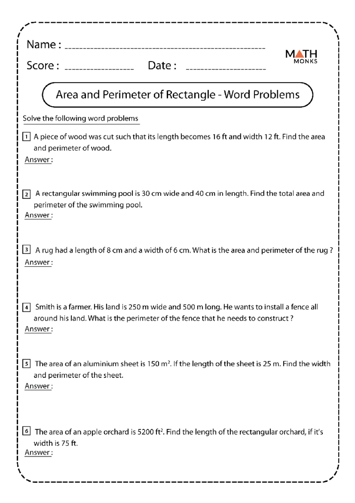 MATH MONKS: Area & Perimeter of Rectangles Worksheet - Studocu