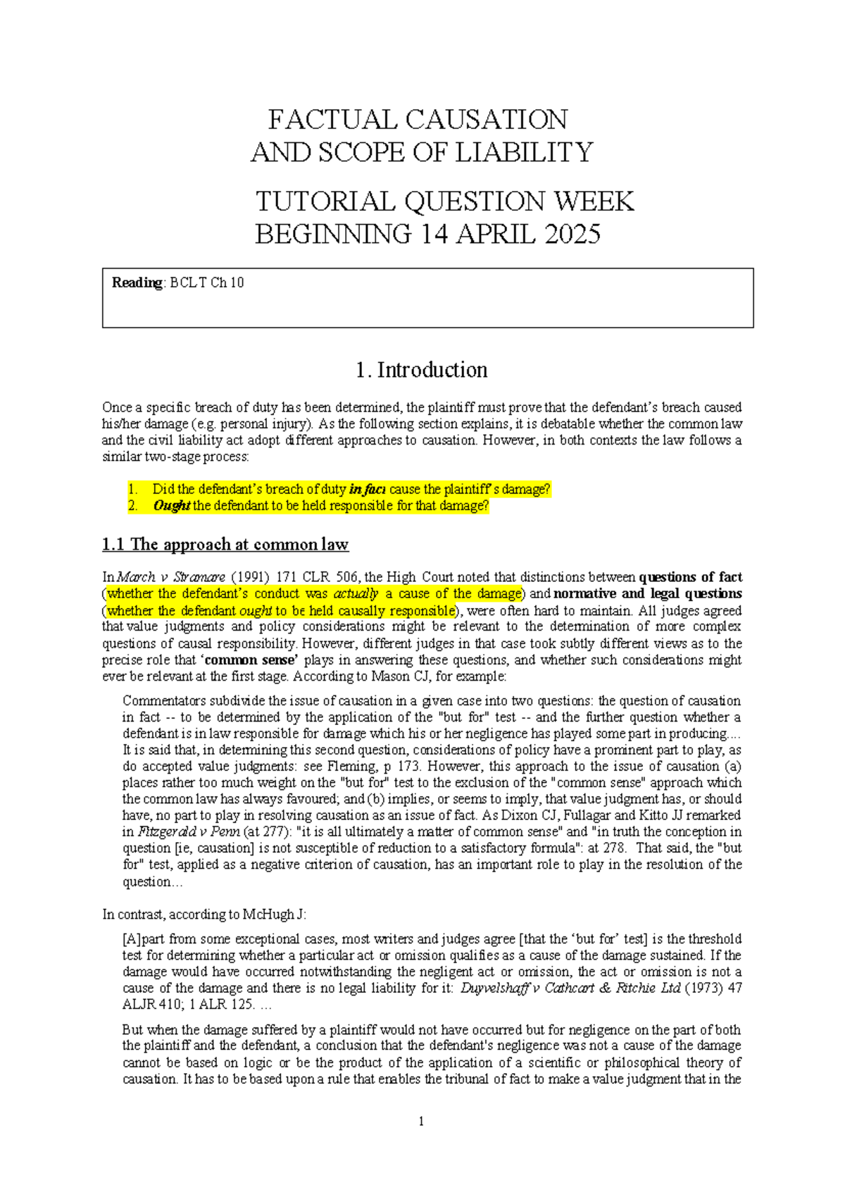 Factual Causation & Scope of Liability: Tutorial Qs for BCLT 2025 - Studocu