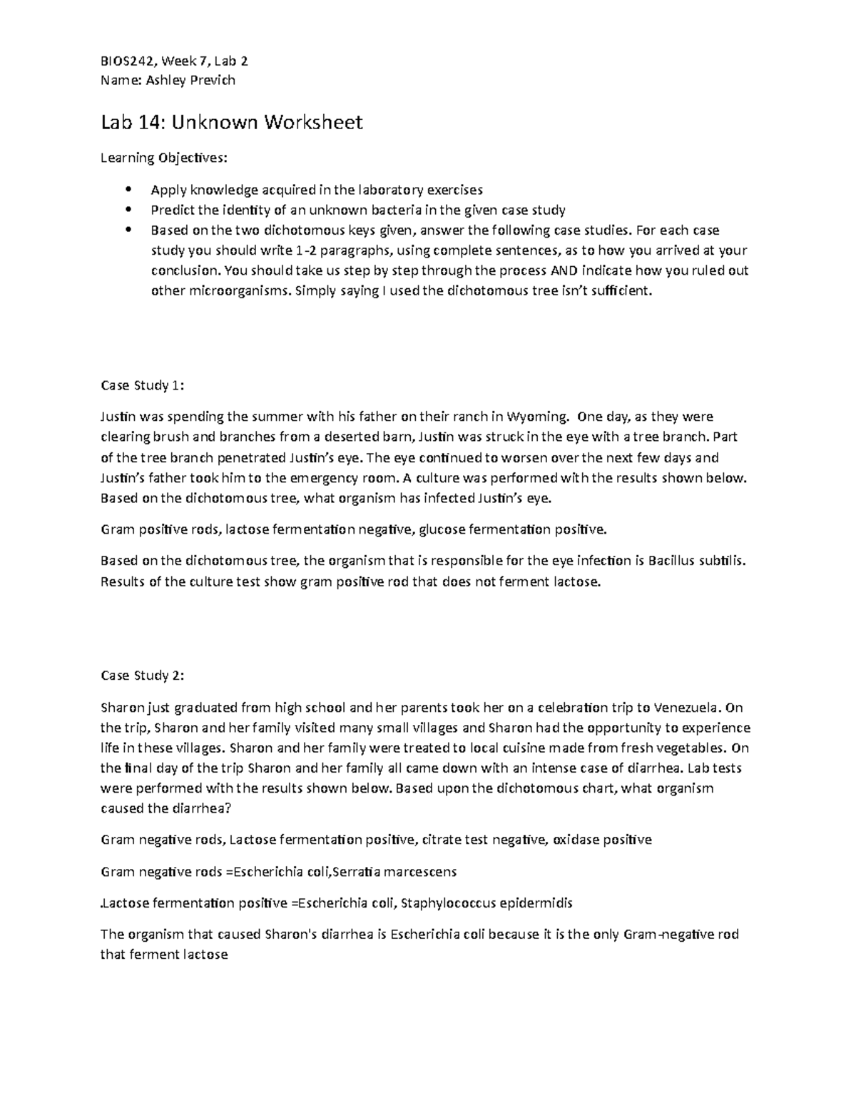 Lab 14: Identifying Unknown Bacteria in Case Studies (BIOS242) - Studocu