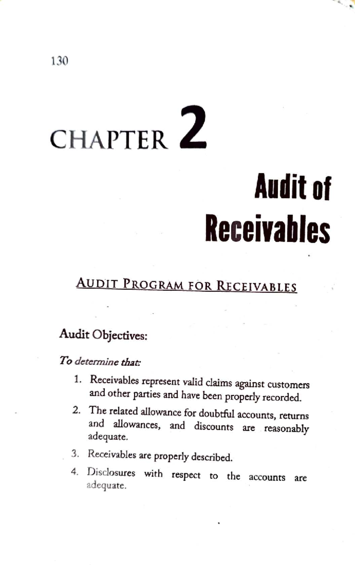 130 AUDIT PROGRAM FOR RECEIVABLES: Chapter 2 Analysis and Procedures ...