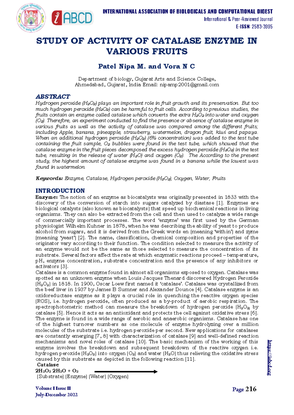 Study of Catalase Enzyme Activity in Various Fruits (BIO 101) - Studocu