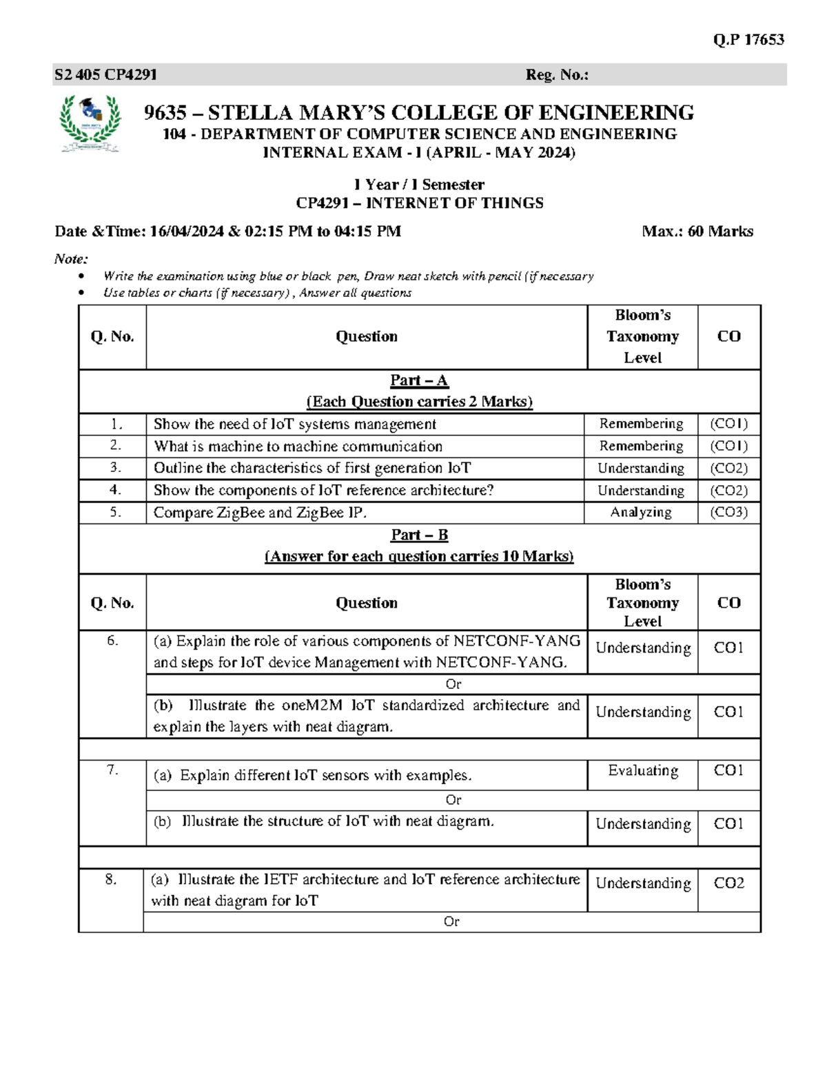 IAT 1 - CP4291 - IoT - Internal Exam QP (April 2024) - Studocu